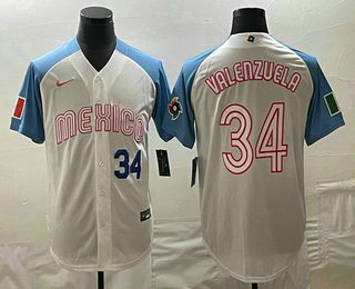 Men's Mexico Baseball #34 Fernando Valenzuela Number 2023 White Blue ...